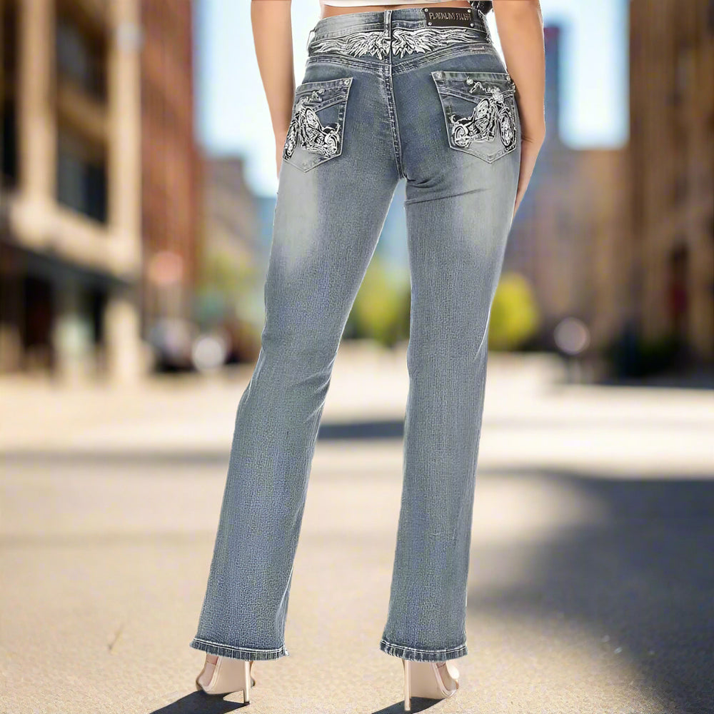 Women's Rhinestone Motorcycle Bootcut Jeans - Boutique of Leathers