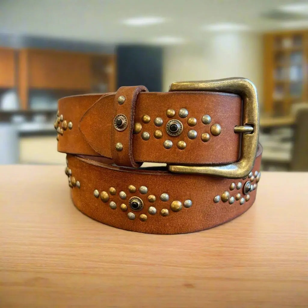 Women's Full Grain Leather Belt with Ornamental Stud Pattern - Boutique ...